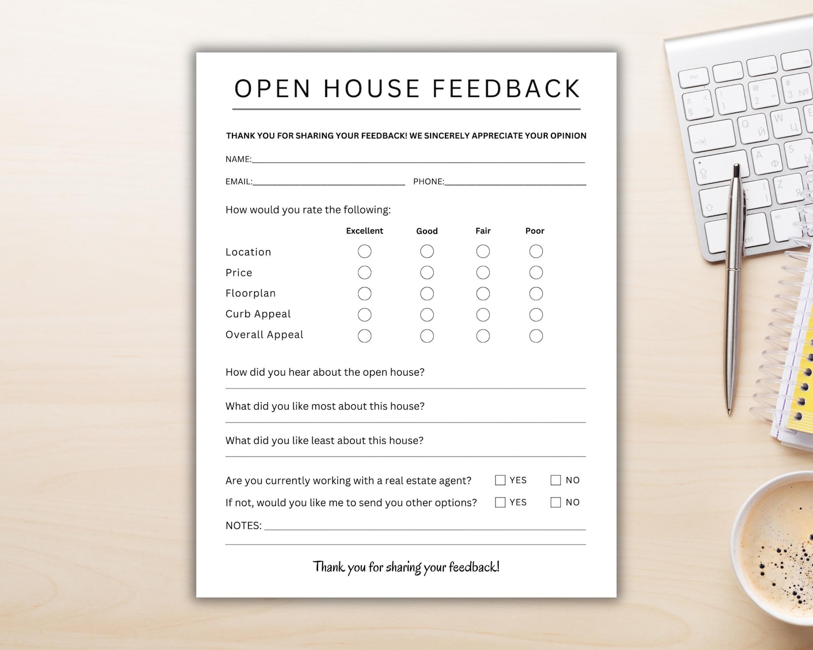 EDITABLE Open House Feedback Form. Printable Real Estate Agent Open ...