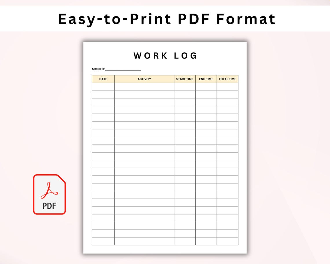 Printable Work Log for Work. Time Log. Time Tracker. Working Hours Log ...