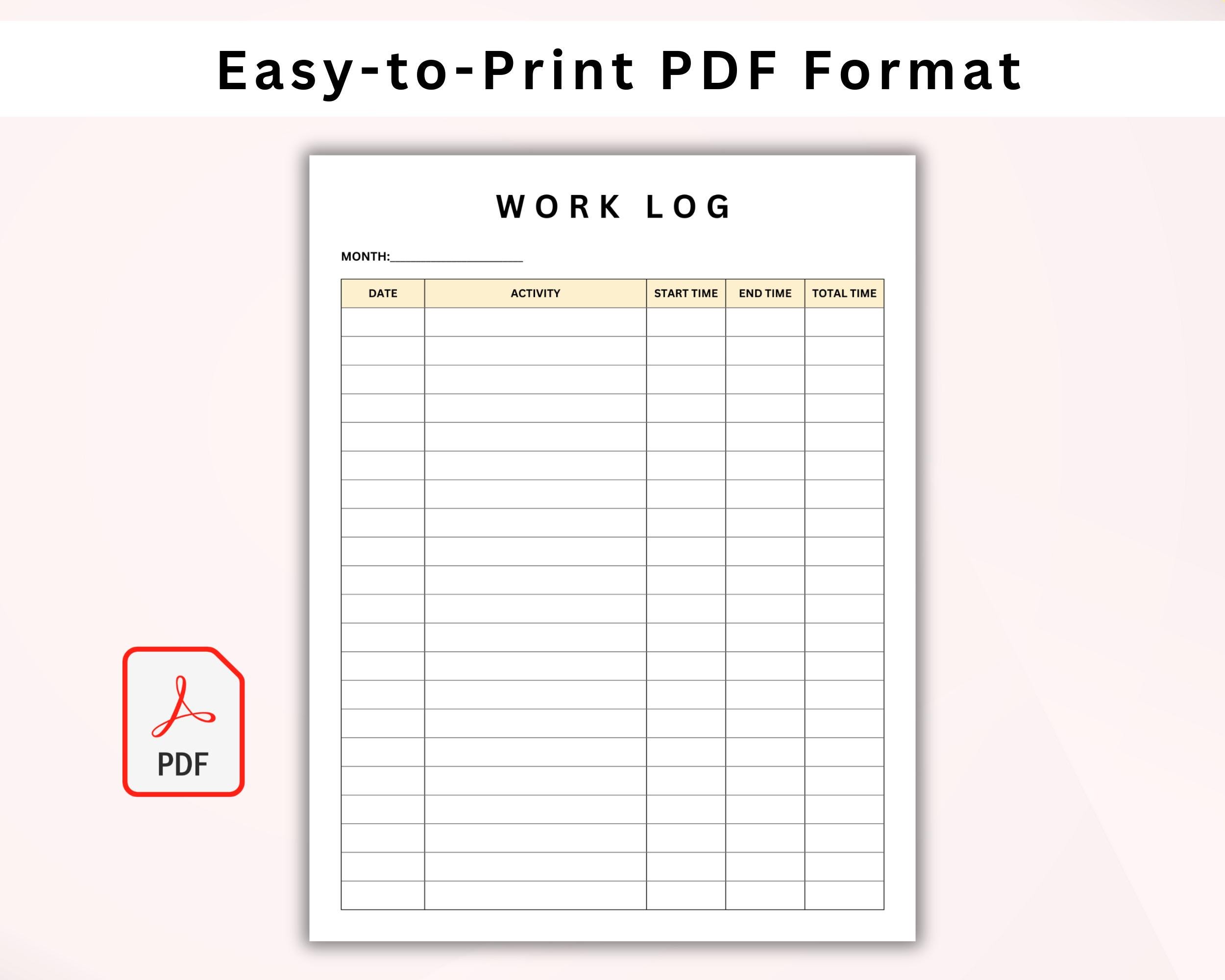 Printable Work Log for Work. Time Log. Time Tracker. Working Hours Log ...