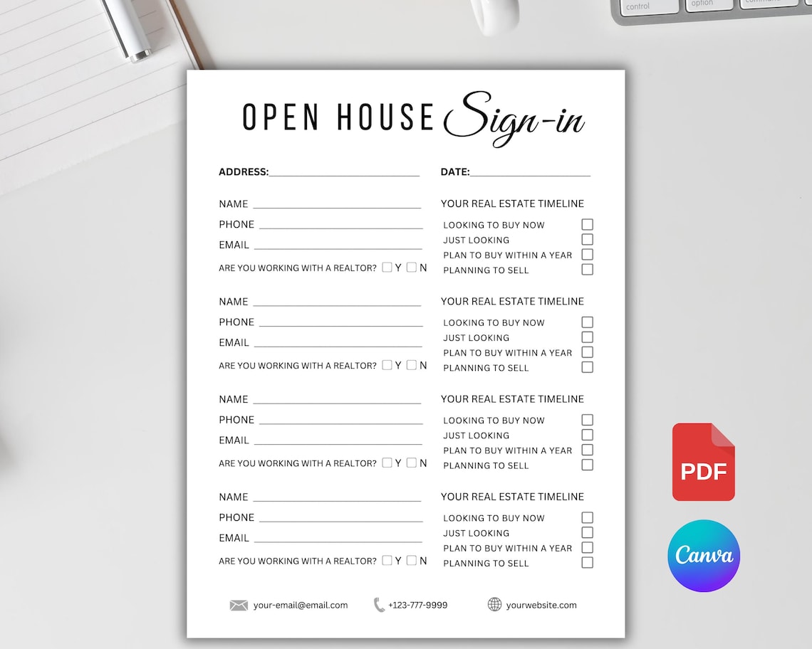 Open House Sign-in Sheet, Elegant Real Estate Marketing, Real Estate ...