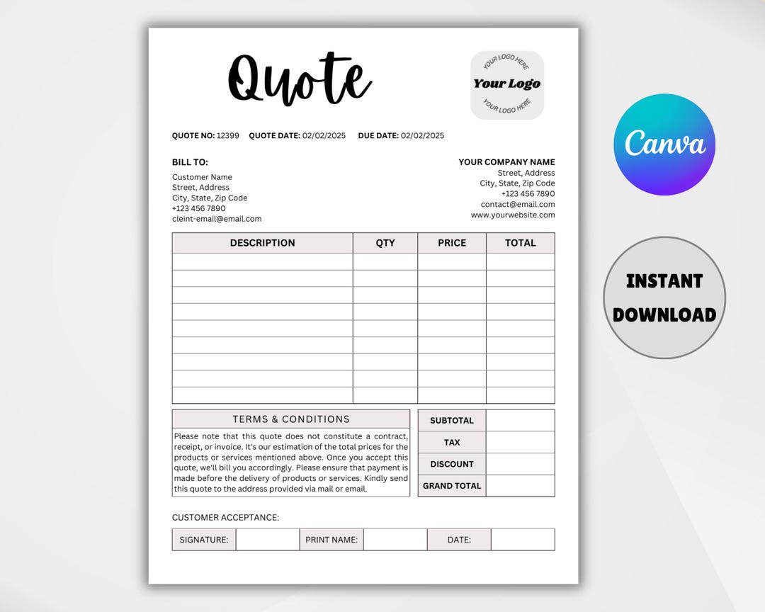 Price Quotation Form EDITABLE Small Business Price Quote Price Quote Business Quote Contractor ...