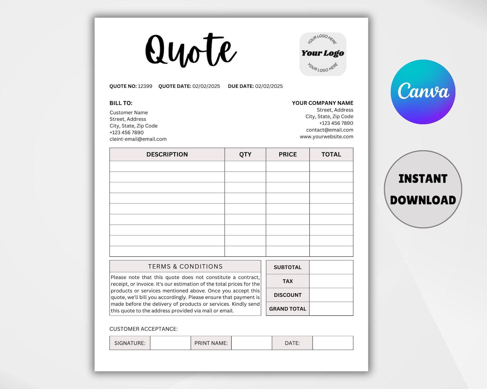 Editable Price Quotation Form Canva Template, Small Business Price ...