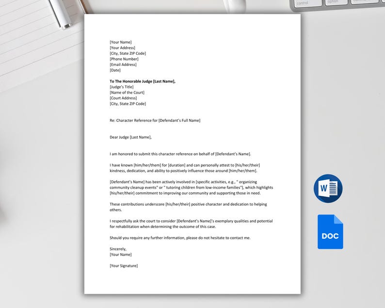 Court Character Reference Letter Template Editable. Personalized ...