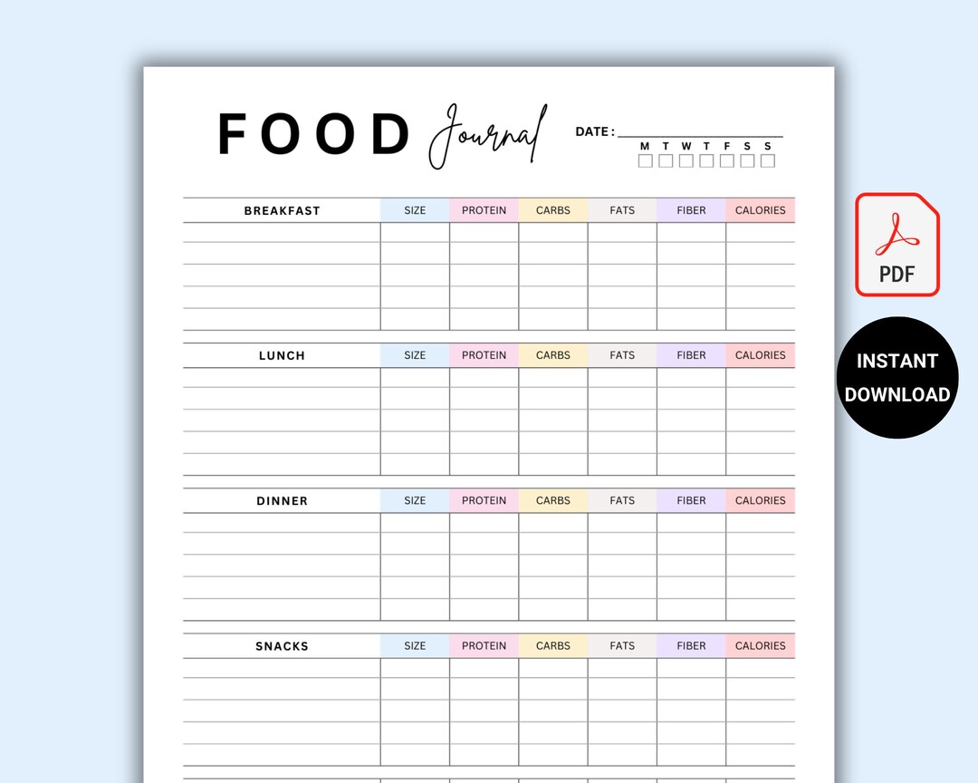 Daily Food Journal. Printable Meal Planner. Diet & Calorie Tracker ...