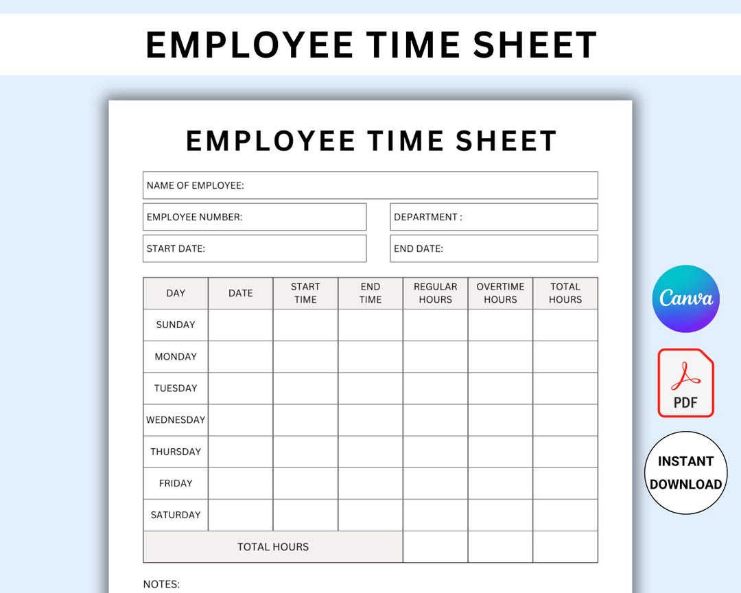Printable Employee Time Sheet | Weekly Timesheet Template | Staff Work ...