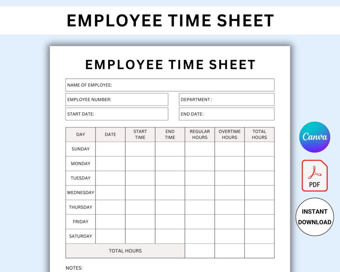 Printable Employee Time Sheet | Weekly Timesheet Template | Staff Work ...