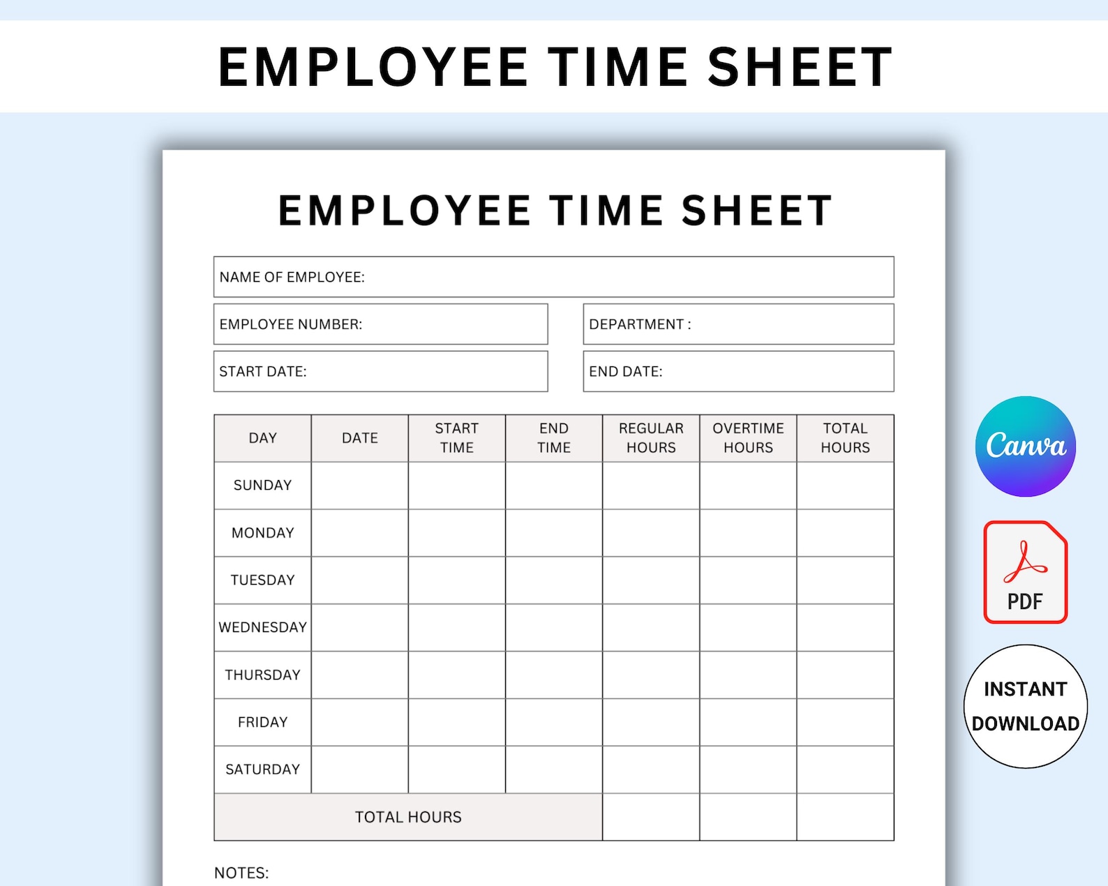 Printable Employee Time Sheet | Weekly Timesheet Template | Staff Work ...