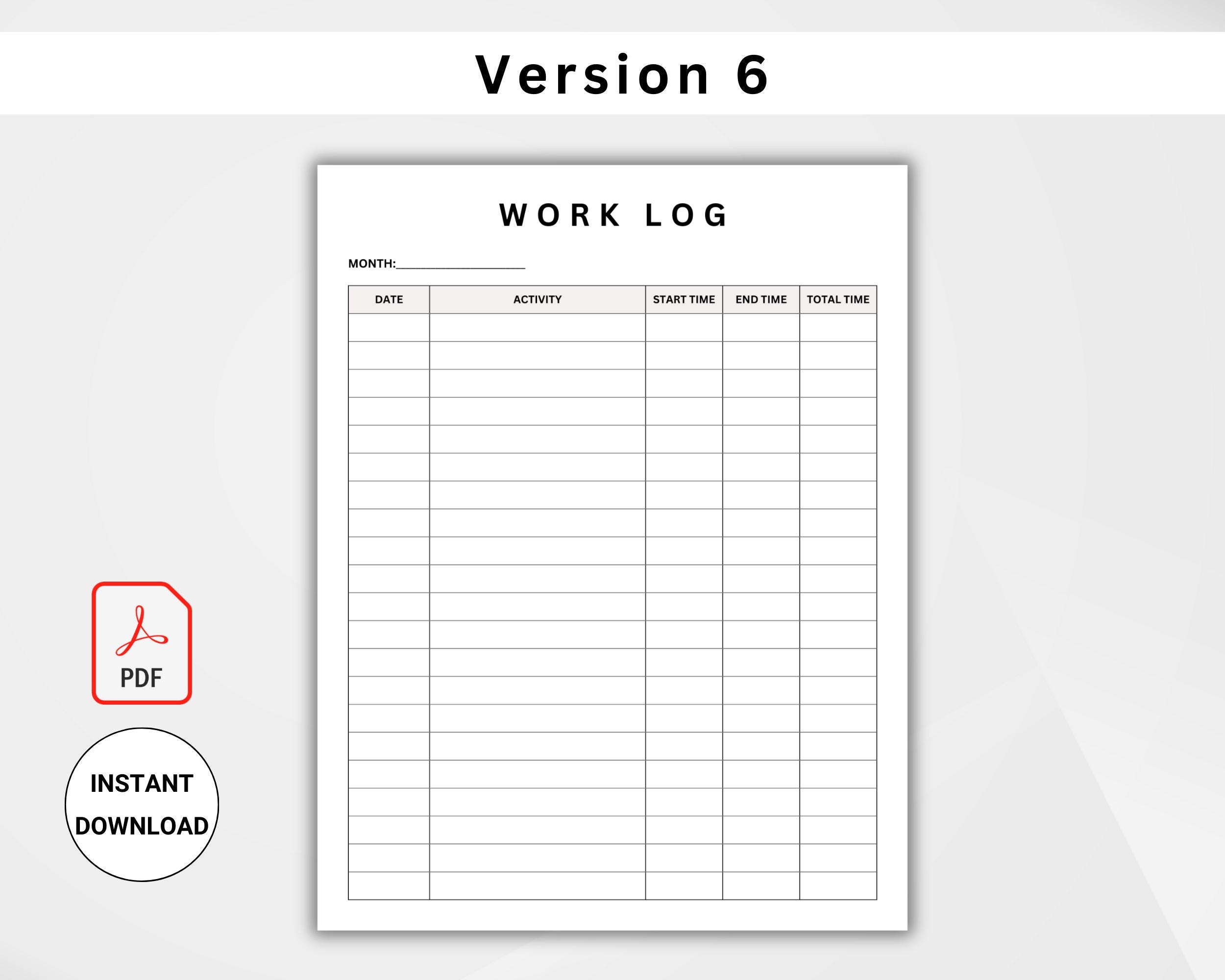 6 Work Log Printable. Time Log. Working Hours Log. Activity Tracker for ...