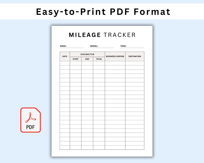 Mileage Tracker Printable | Business Mileage Log PDF | Trip Miles ...