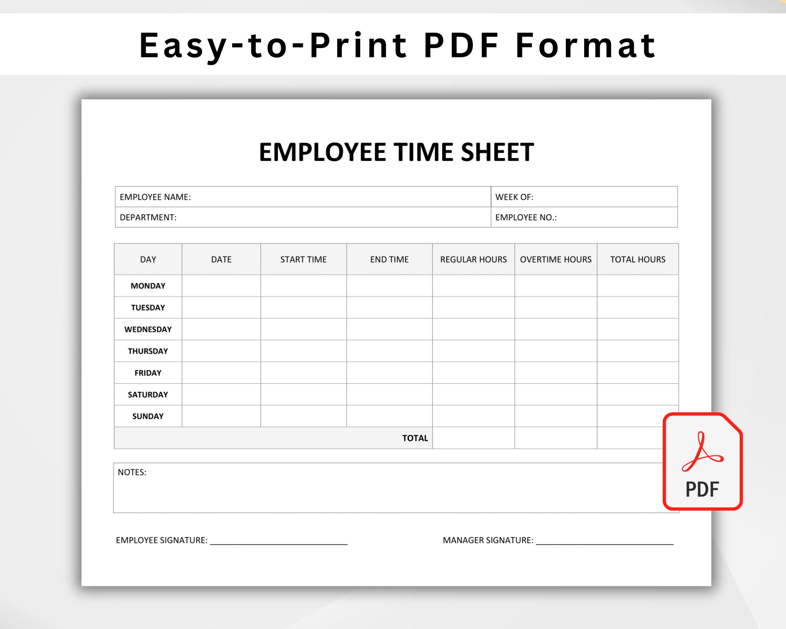 EDITABLE Employee Time Sheet. Hours Worked Log. Weekly Time Tracker ...