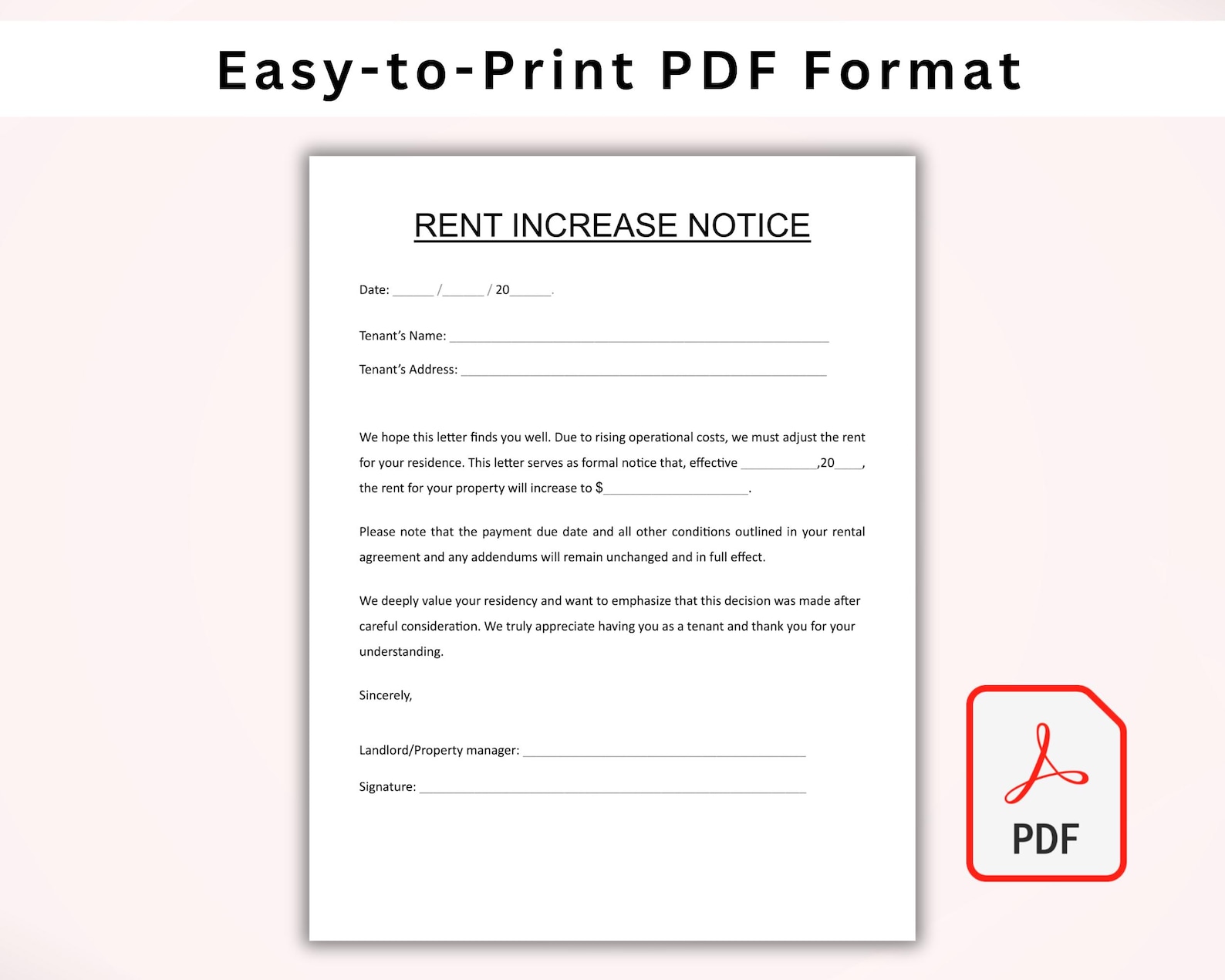 Printable Rental Increase Notice. Rental Increase Form. Rental Increase ...