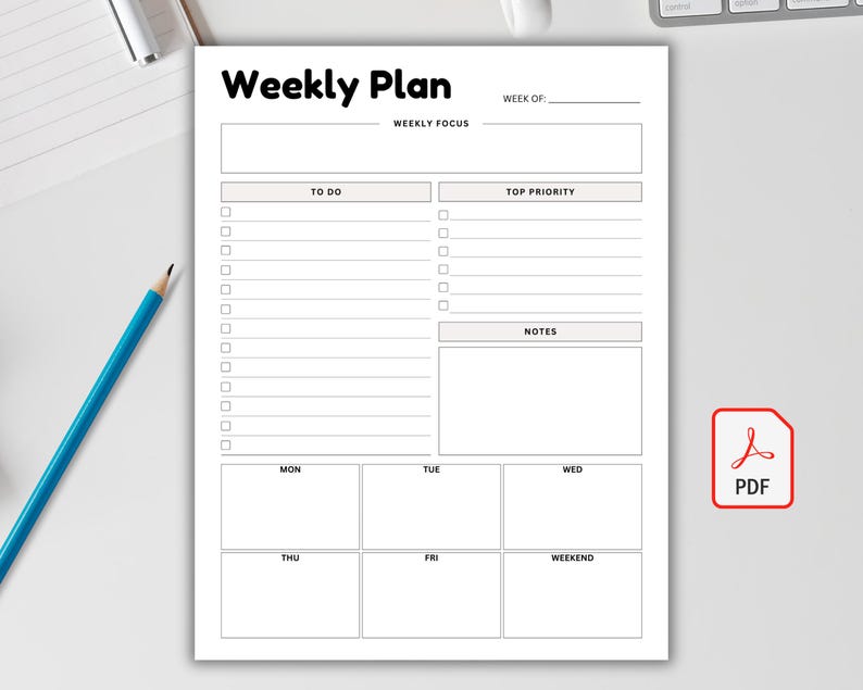 PRINTABLE Weekly Plan. Undated Planner. Weekly to Do List Planner ...