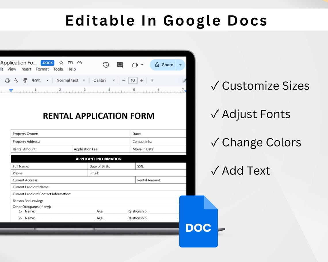 EDITABLE Landlord Rental Application Form. Tenant Rental Application ...
