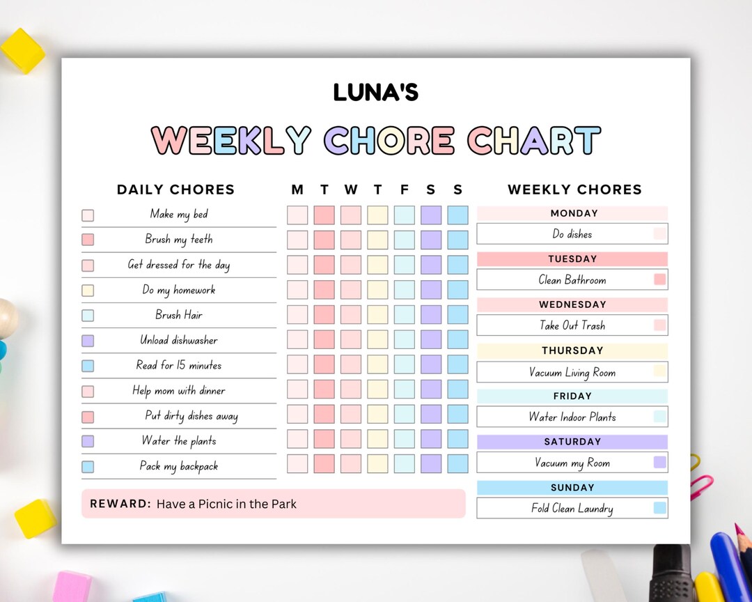 Weekly Chore Chart for Kids | Printable Kids Task Tracker | Reward ...