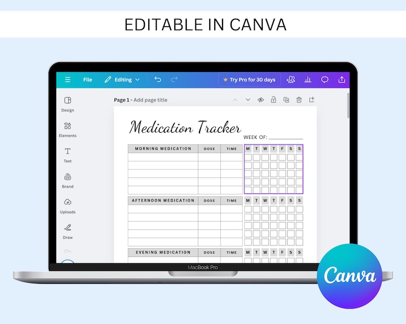 EDITABLE Medication Log. Medication Tracker. Medication Intake Reminder ...
