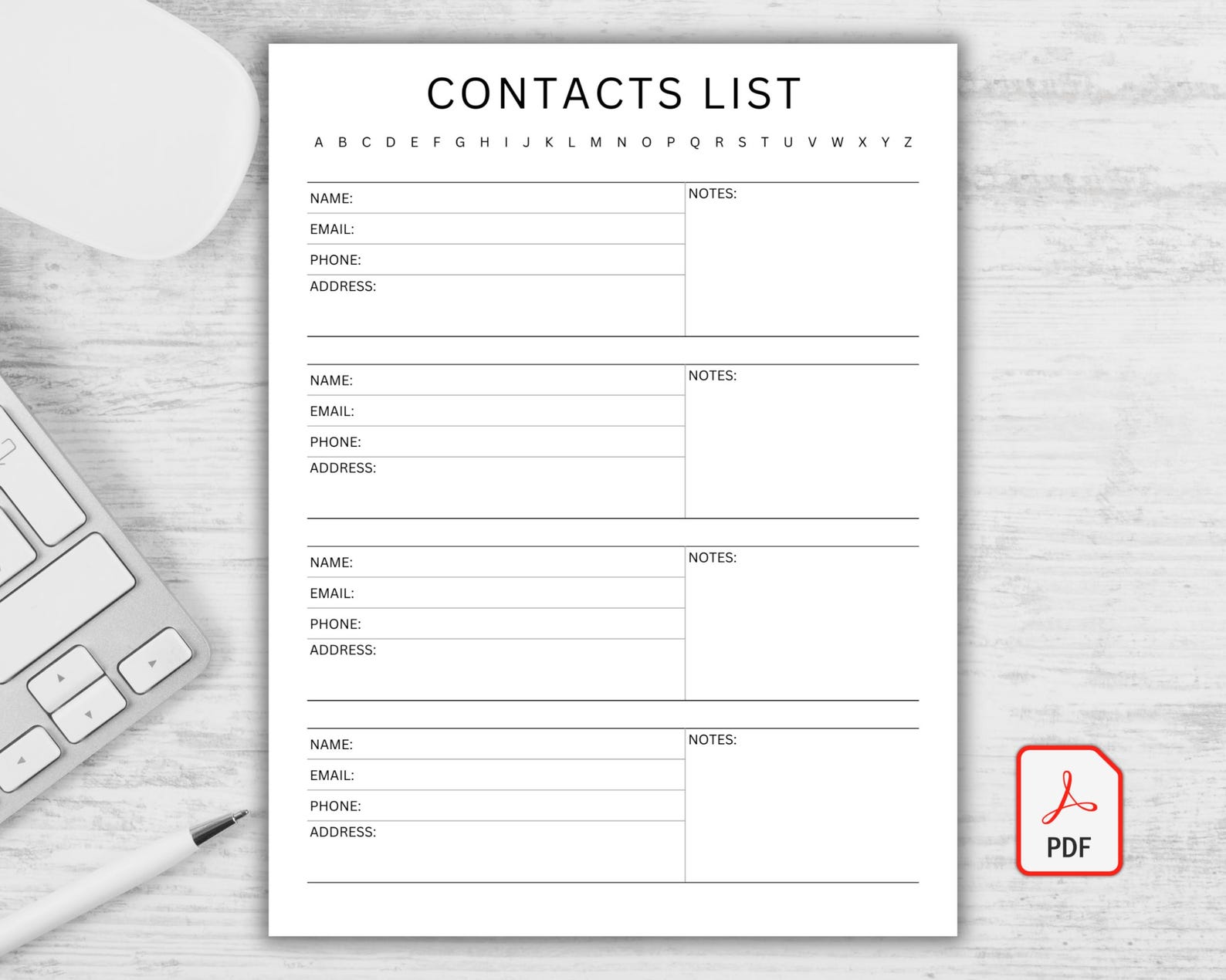 4 Contacts List Printable. Contact Information Template. Contact Sheet ...