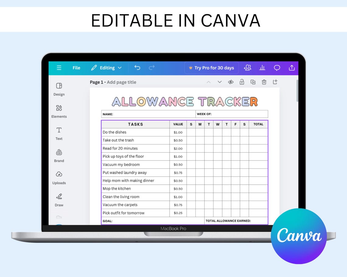 Editable Allowance Chart for Kids | Printable Chore Chart | Money ...