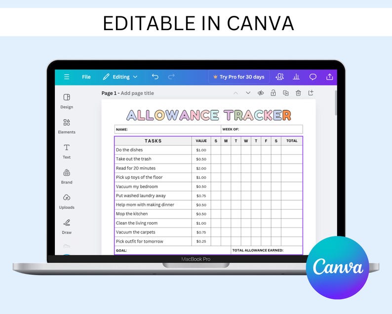 Editable Allowance Chart for Kids | Printable Chore Chart | Money ...