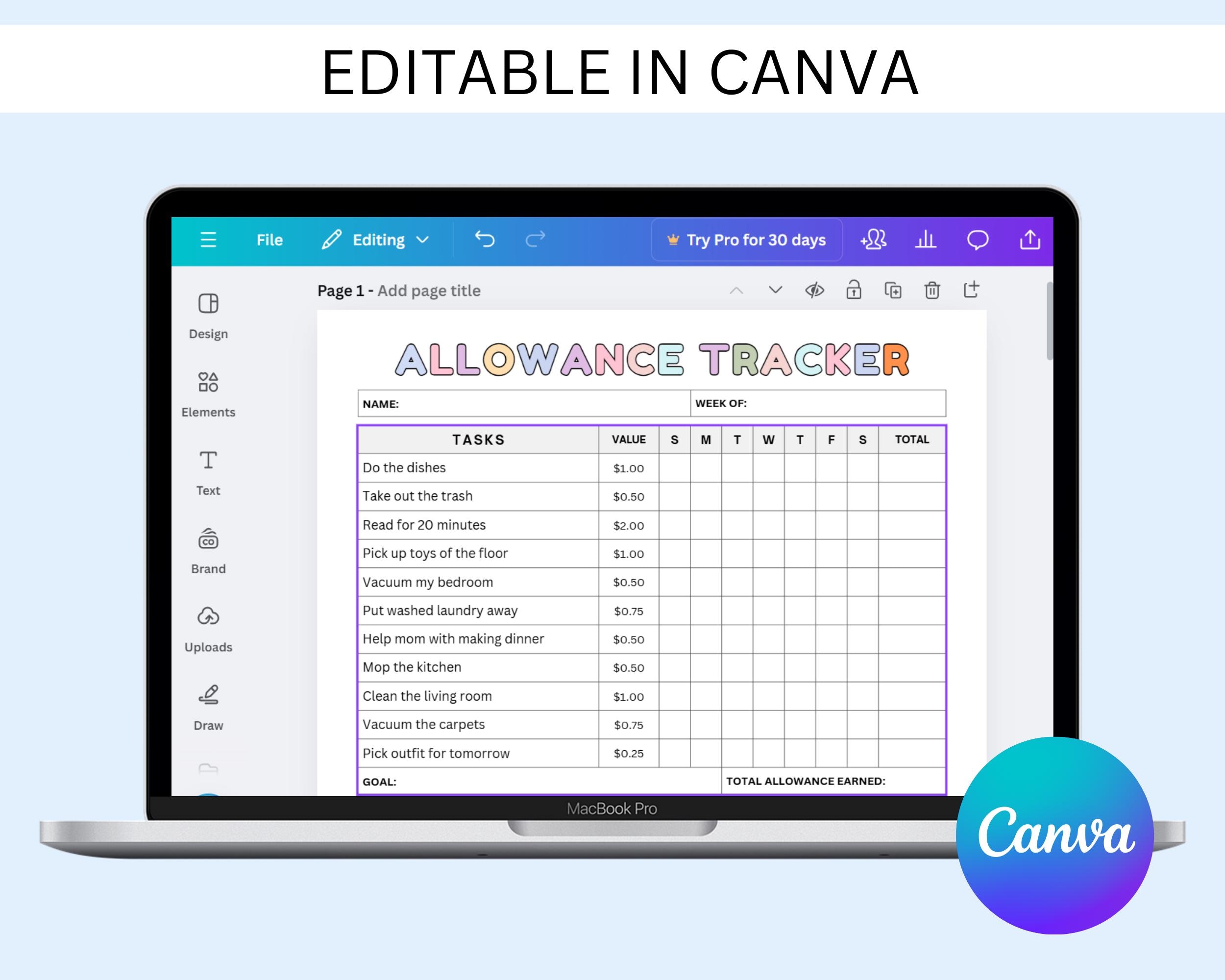 Editable Allowance Chart for Kids, Printable Chore Reward Chart, Earn ...