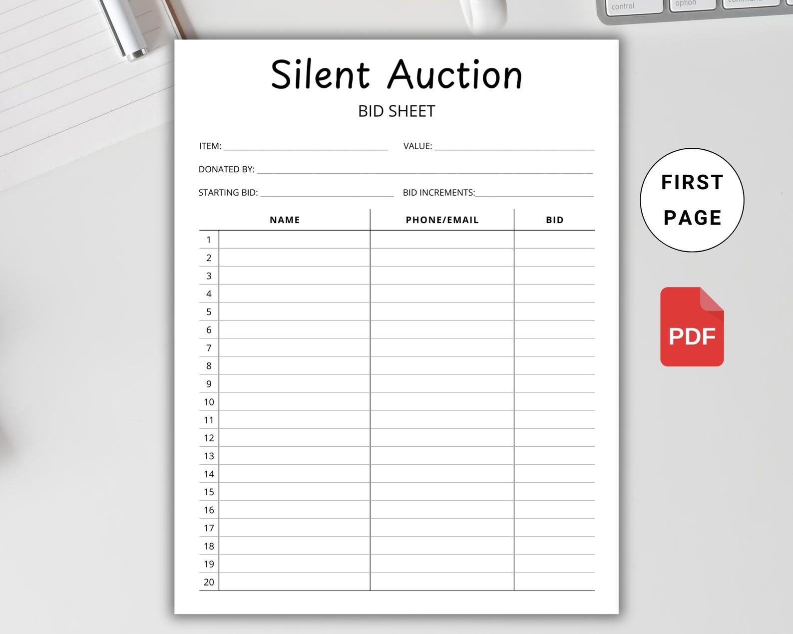 Printable Silent Auction Bid Sheet PDF | Silent Auction Sign up Sheet ...