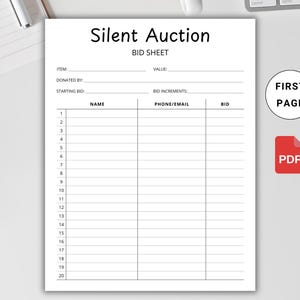 Printable Silent Auction Bid Sheet PDF | Silent Auction Sign up Sheet ...