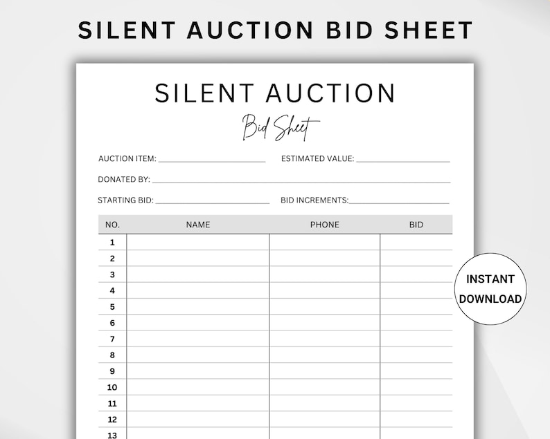 Silent Auction Template. Printable Silent Auction Bid Sheet. Silent ...