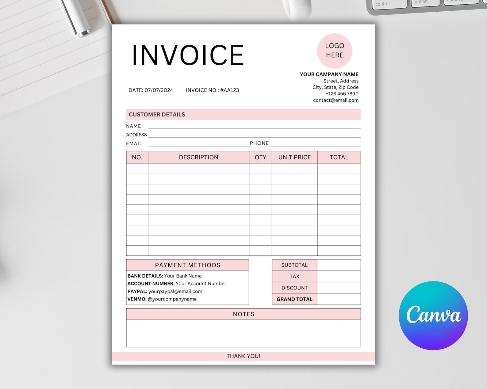 Editable Invoice Template. Invoice Form. Custom Invoice. Small Business ...