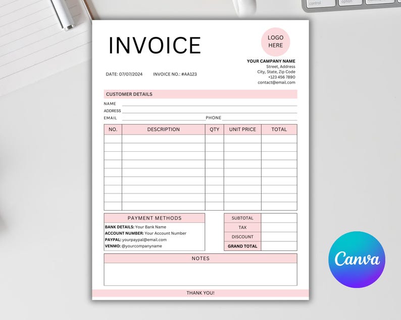 Editable Invoice Template. Invoice Form. Custom Invoice. Small Business ...