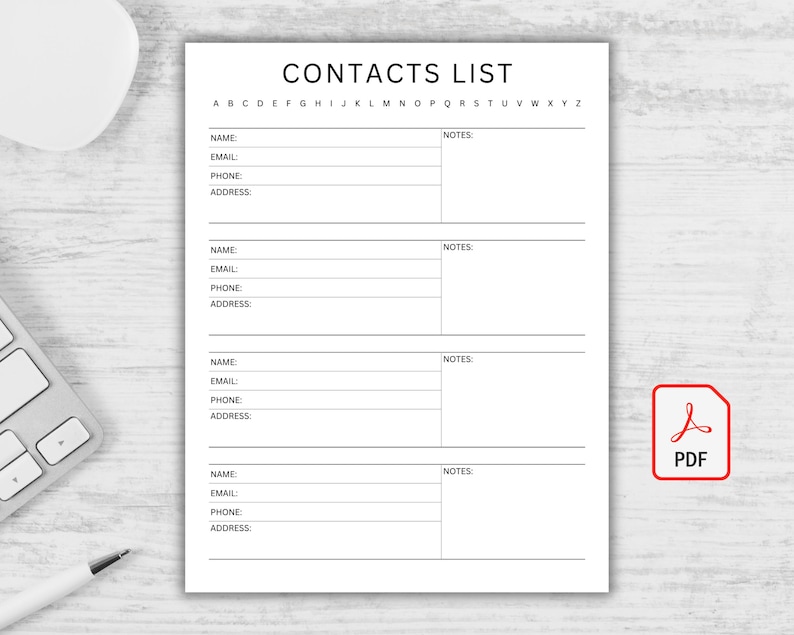 Contacts List Printable | Phone & Address Organizer | Personal Info ...