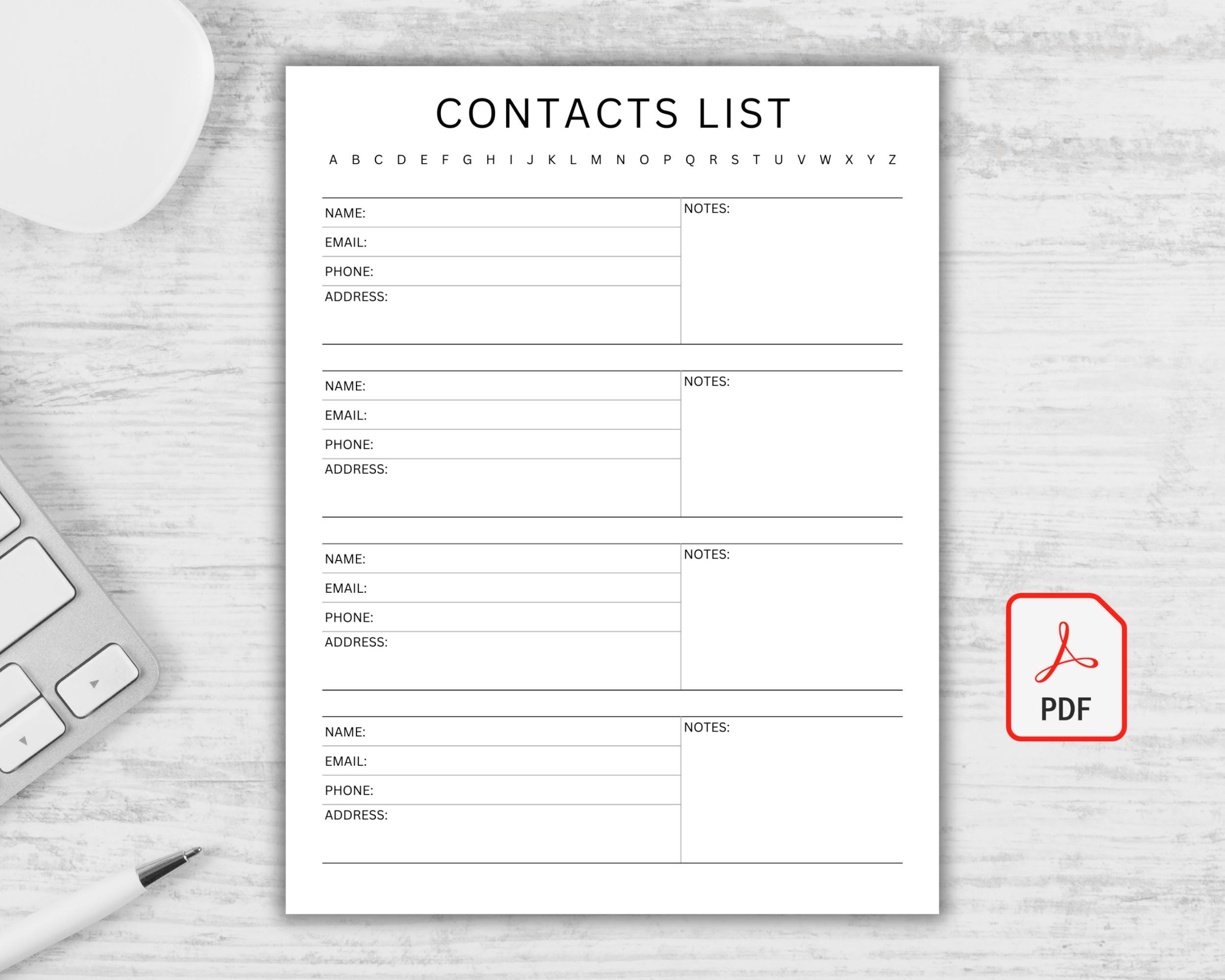 Contacts List Printable | Phone & Address Organizer | Personal Info ...