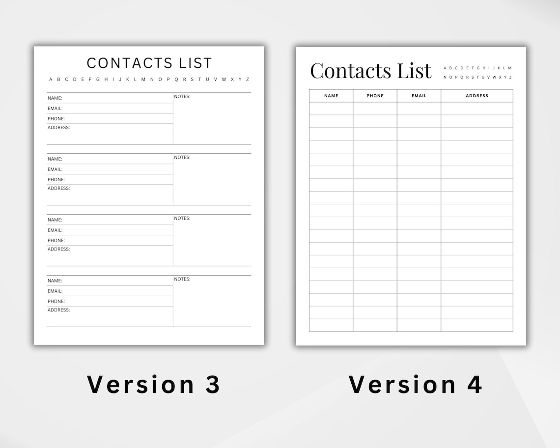 4 Contacts List Printable. Contact Information Template. Contact Sheet ...