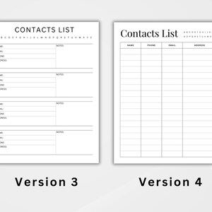 4 Contacts List Printable. Contact Information Template. Contact Sheet ...