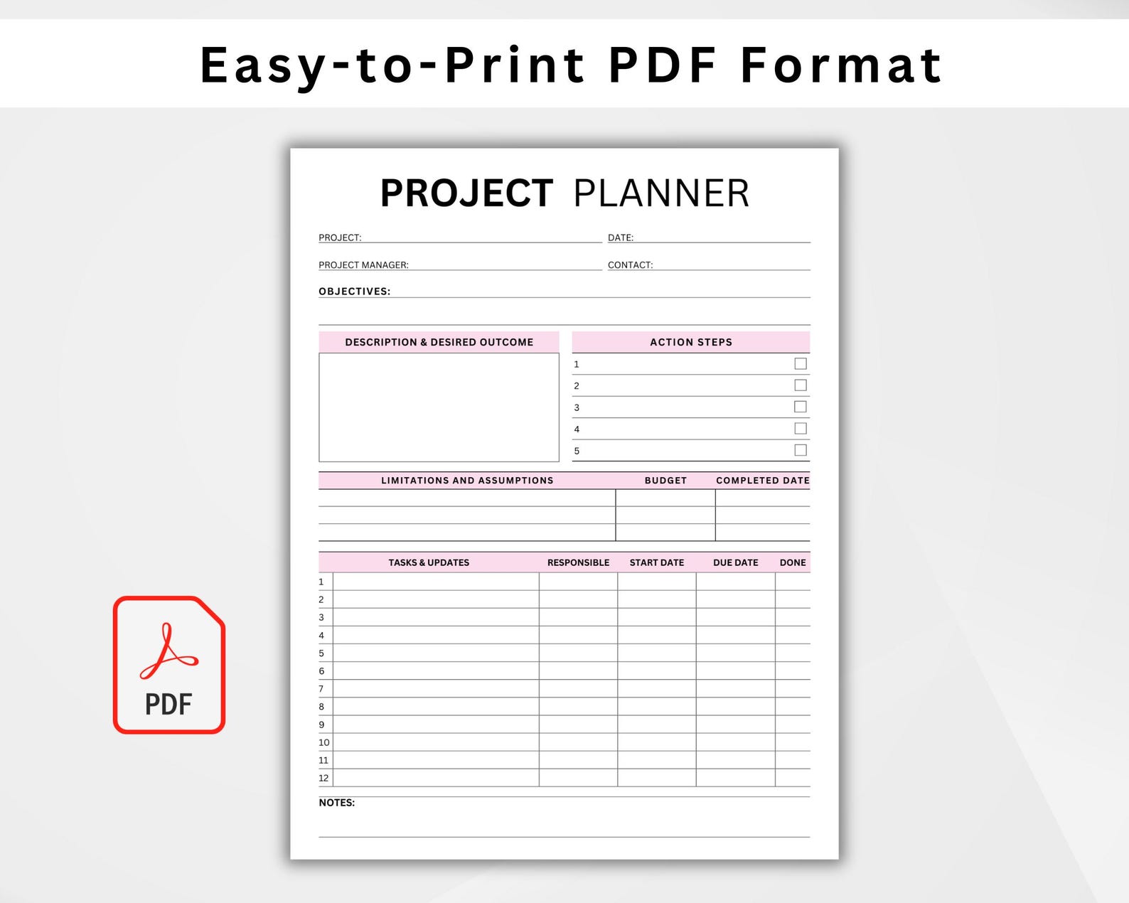 Simple Project Planner EDITABLE, Printable Project Planning Templates ...