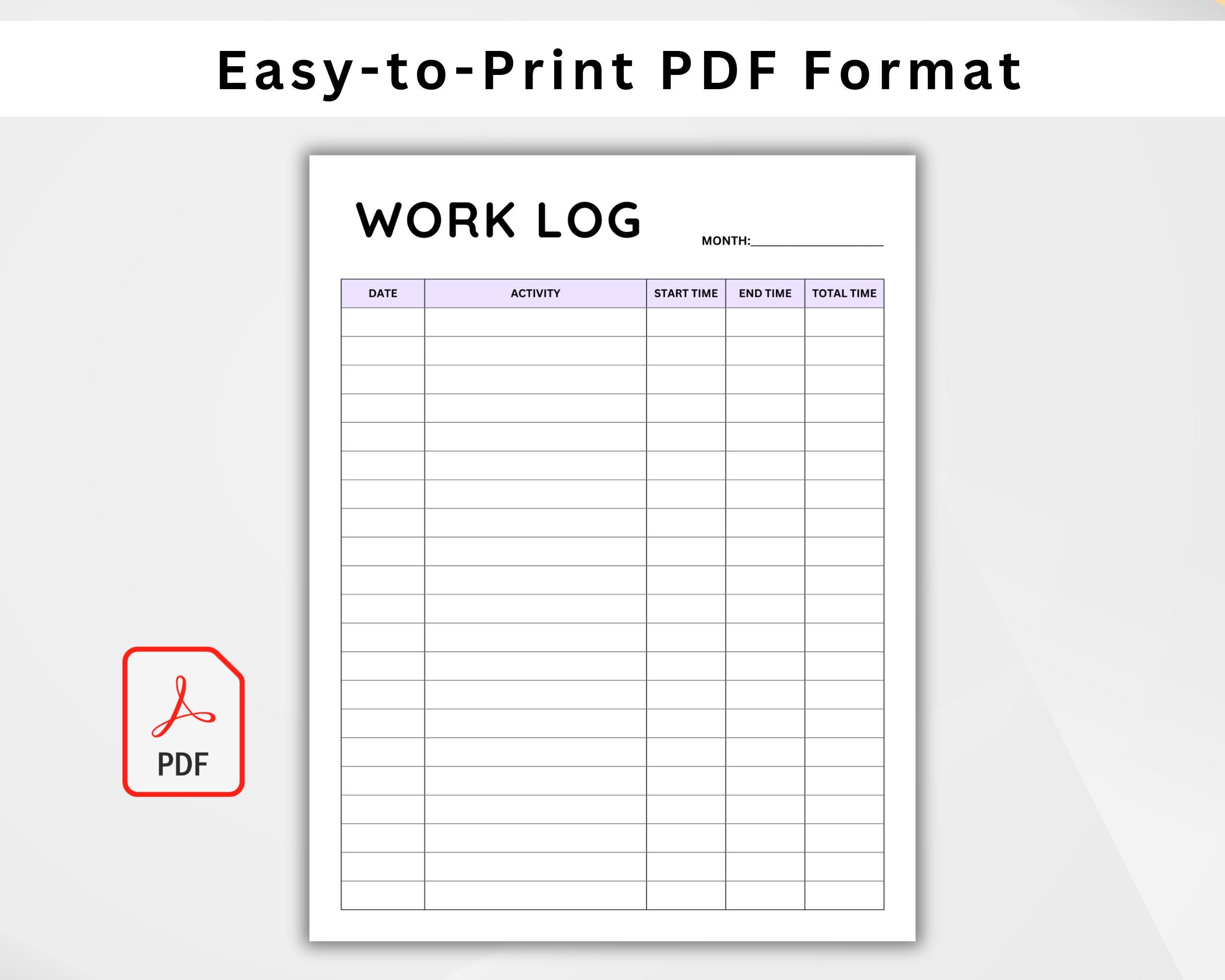 Daily Time Sheet Log, Work Log Printable PDF, Employee Work Hours Log ...