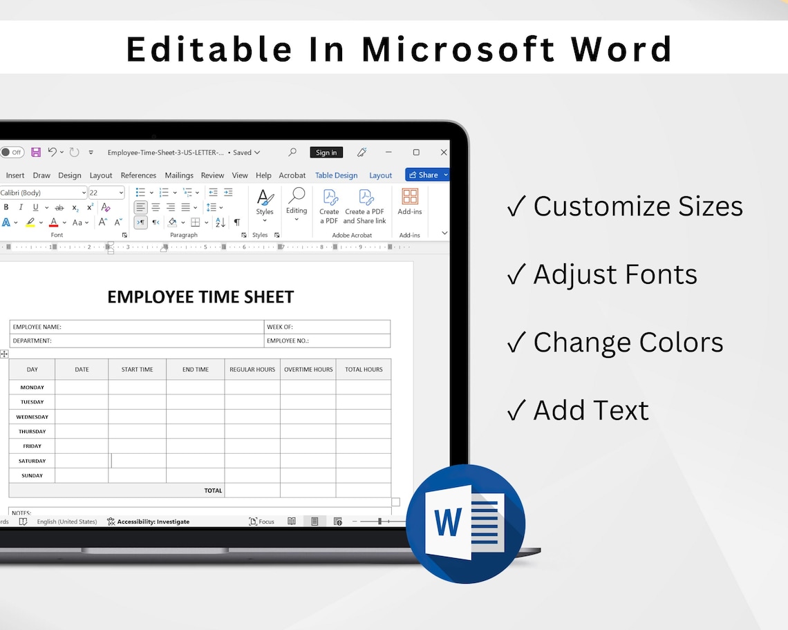 EDITABLE Employee Time Sheet. Hours Worked Log. Weekly Time Tracker ...