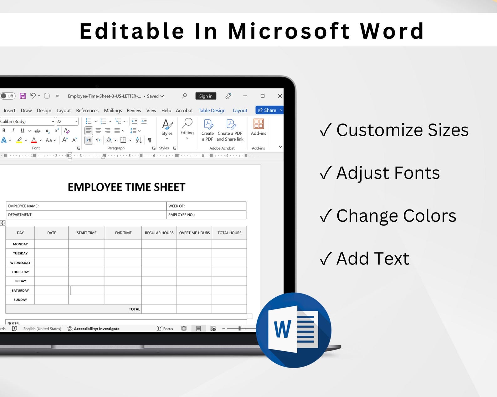 EDITABLE Employee Time Sheet. Hours Worked Log. Weekly Time Tracker ...