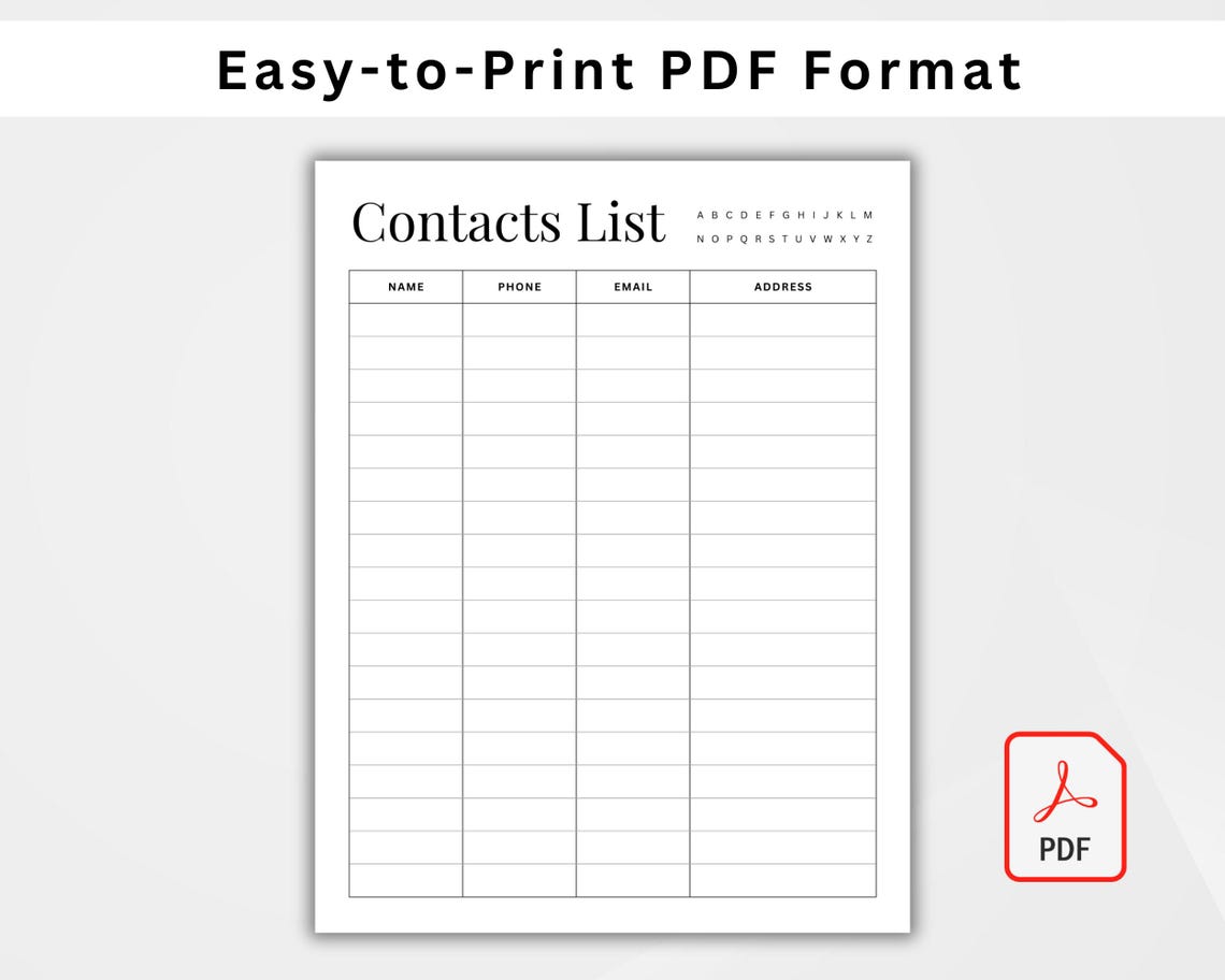 4 Contacts List Printable. Contact Information Template. Contact Sheet ...