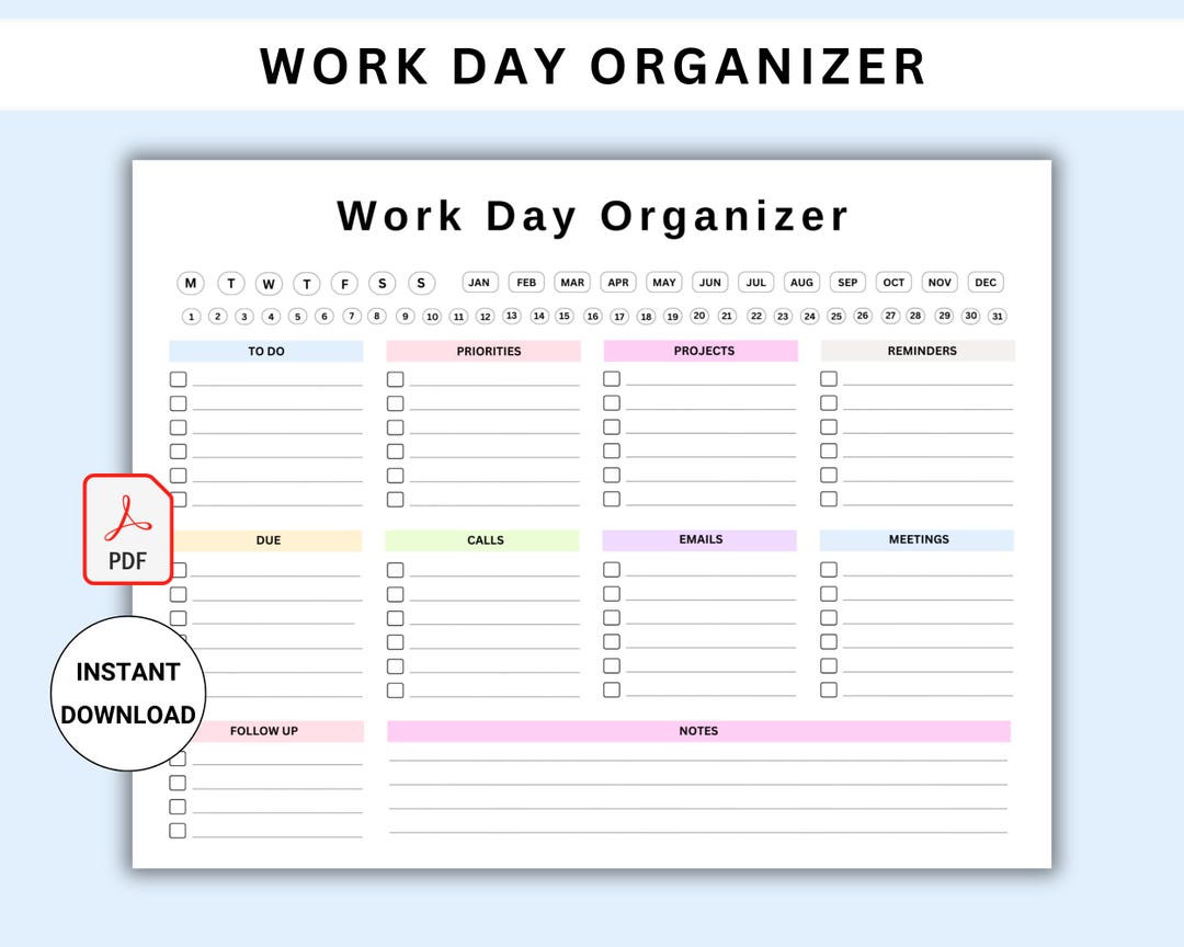 PRINTABLE Work Day Organizer. Work Day Planner. Work Planner PDF ...