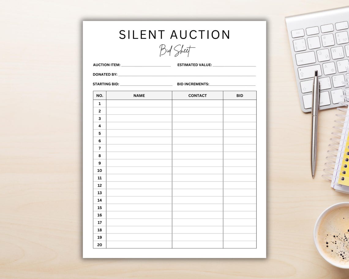 Editable Silent Auction Bid Sheet. Silent Auction Sign up Sheet. Silent ...