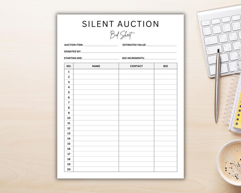 Editable Silent Auction Bid Sheet. Silent Auction Sign up Sheet. Silent ...
