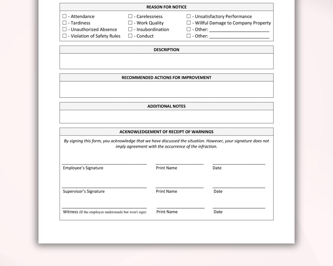 Employee Warning Notice. Printable Employee Write Up. Employee ...