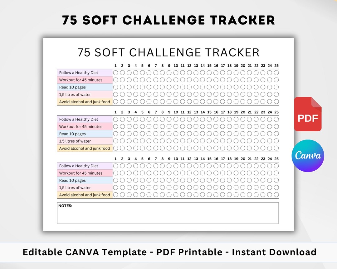 Editable 75 Soft Challenge Tracker. Printable 75 Day Challenge. Fitness ...