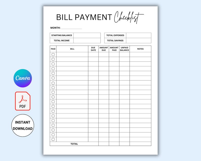 Bill Payment Checklist Tracker. Bill Pay Organizer. Bill Management ...