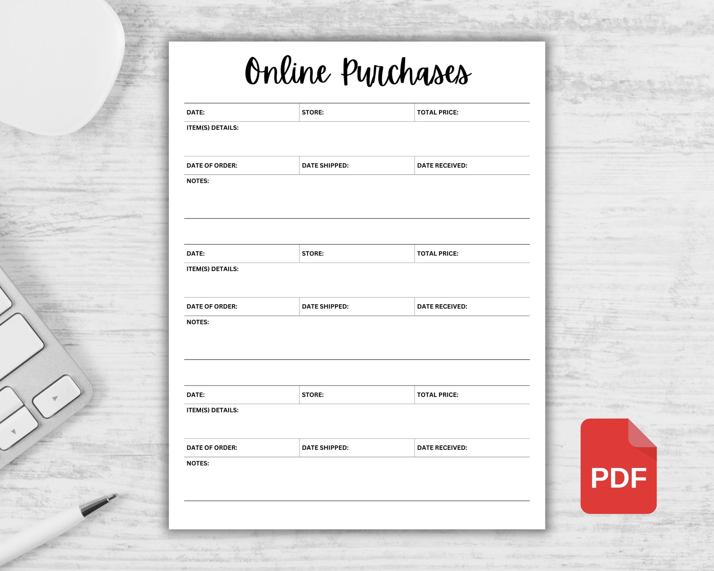 Online Purchases Tracker Printable. Online Shopping Tracker. Order ...