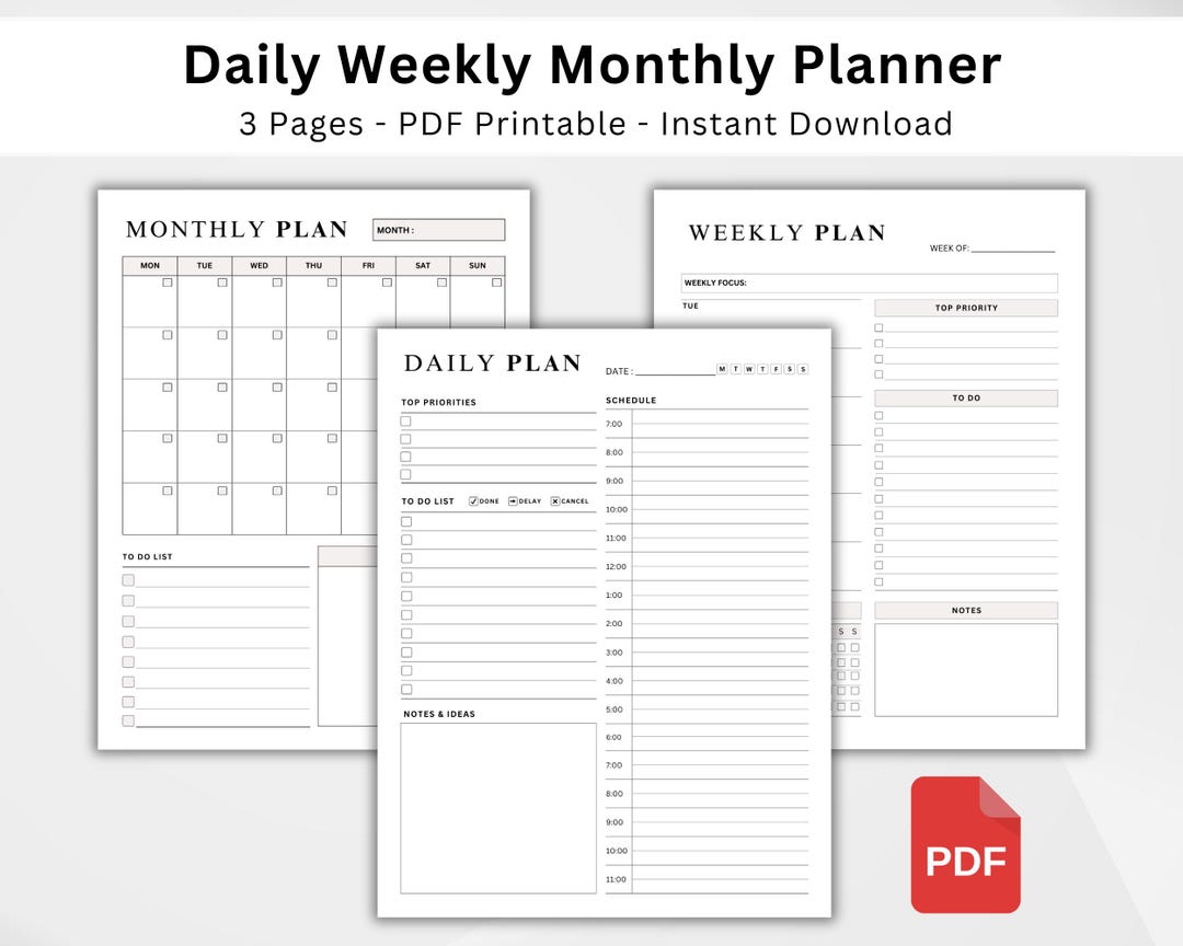 Printable Undated Planner Bundle PDF, Daily Weekly & Monthly Planner ...