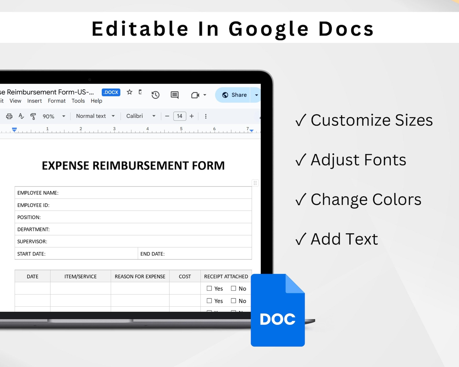 Editable Employee Expense Reimbursement Form. HR Templates. Employee ...