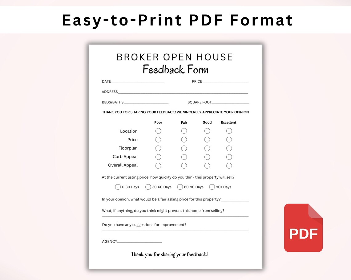 EDITABLE Broker Open House Feedback Form. Printable Real Estate Agent ...