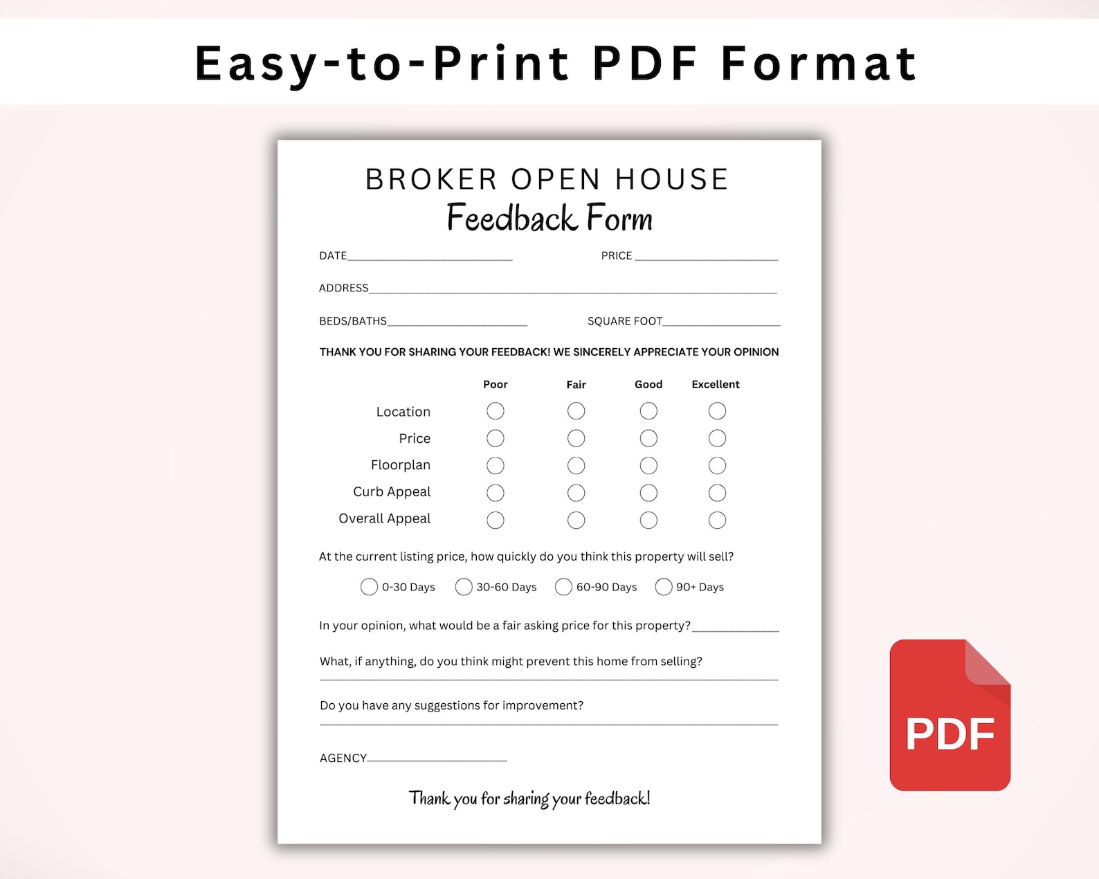 EDITABLE Broker Open House Feedback Form. Printable Real Estate Agent ...