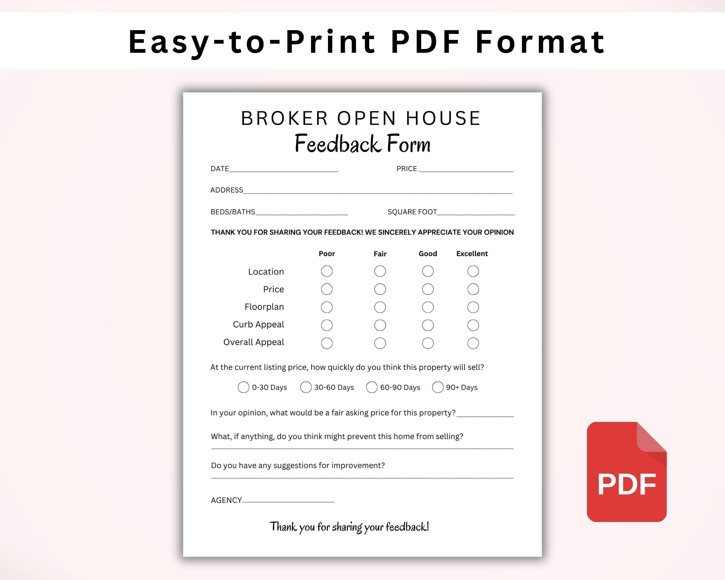 EDITABLE Broker Open House Feedback Form. Printable Real Estate Agent ...