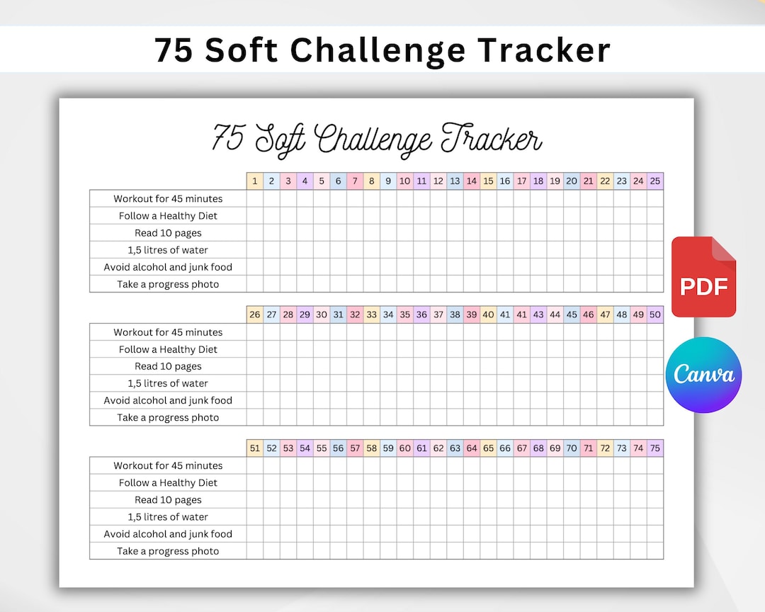 Simple 75 Soft Challenge Tracker PRINTABLE, 75 Soft Challenge, 75 Soft ...